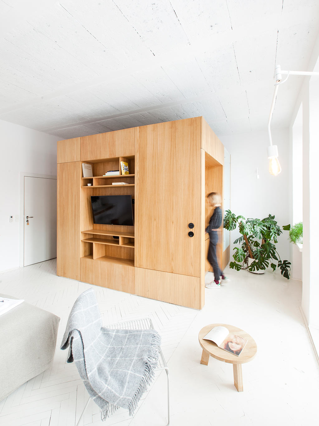 Un cube astucieux regroupe les éléments essentiels dans cet appartement ...